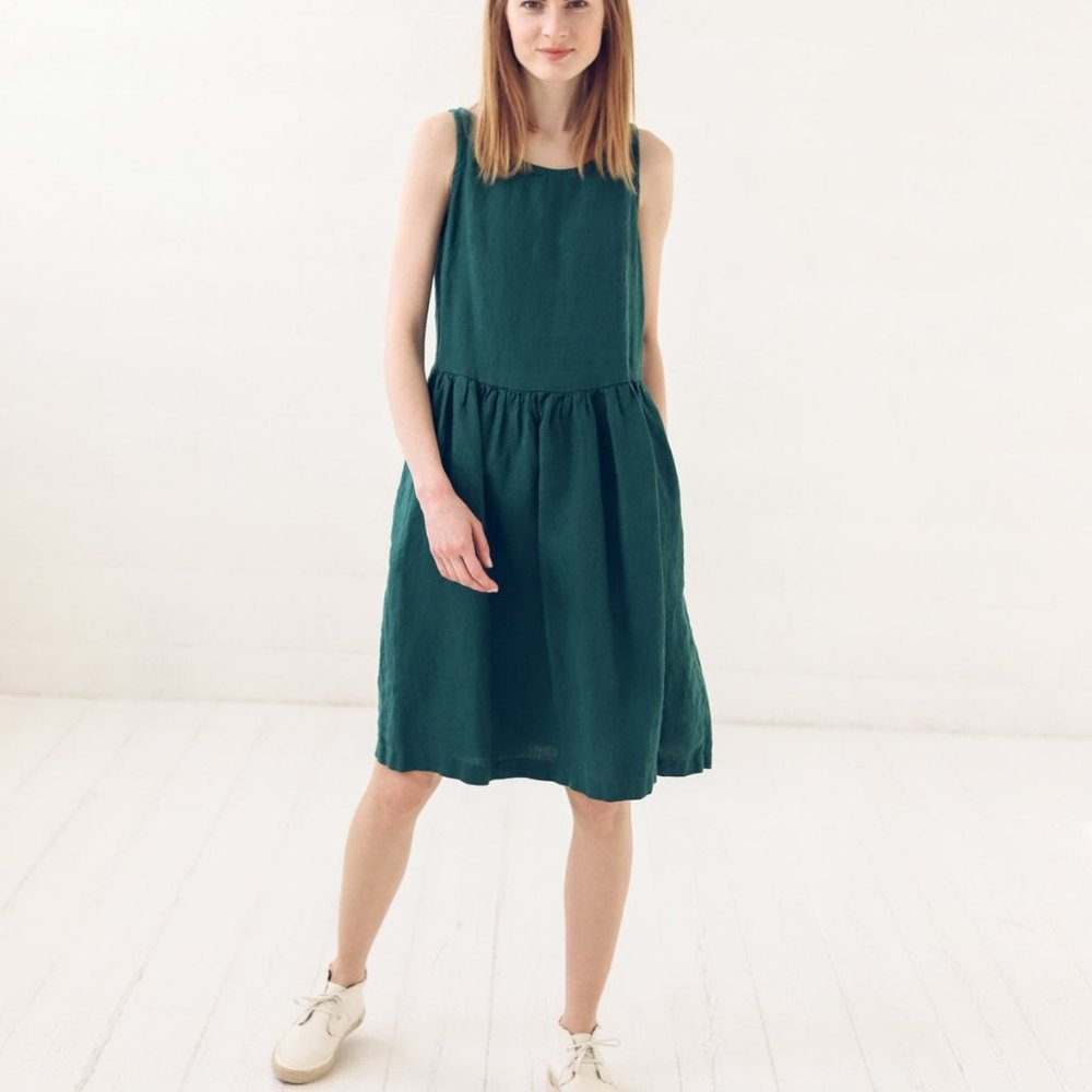 Emerald Green Basic Linen Dress With Pockets - Gem
